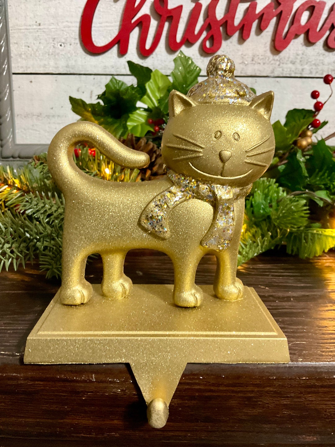 Glittery Gold CAT Stocking Holder, Fur Baby Christmas Stocking Hanger ...