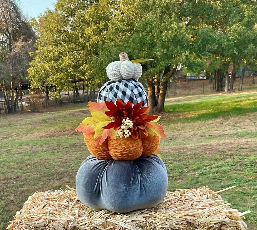 Quadruple Stacked Fabric Pumpkin Table Top Indoor Fall Decor 14" High ...