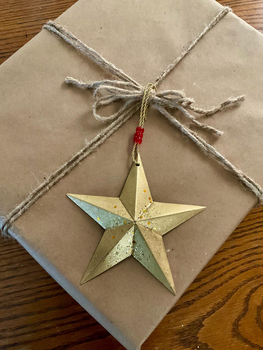 Large Gold Star Gift Tag or Tree Ornament, Glittery Hanging Metal Star ...