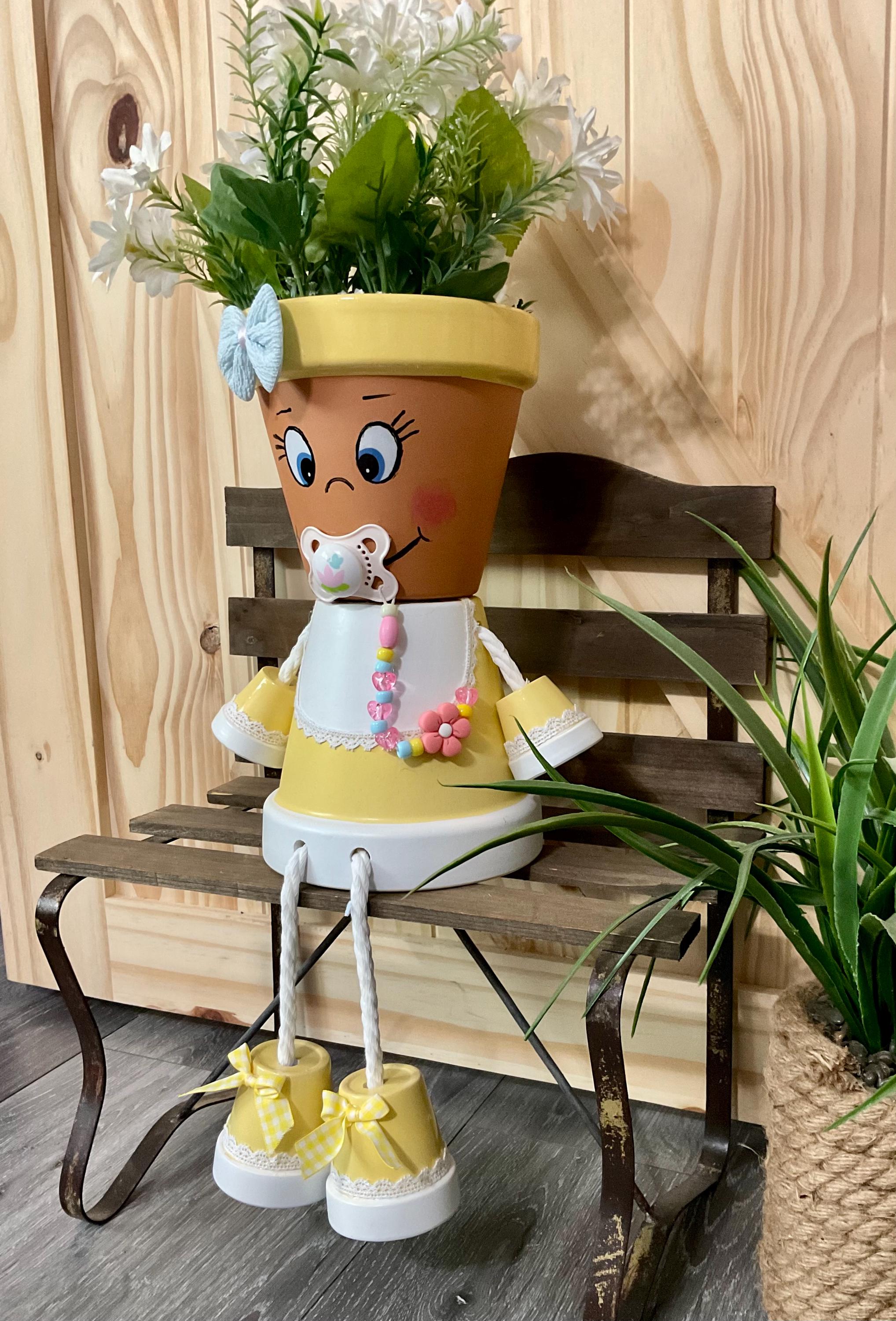 Clay Pot People Planter 'BABY ROSEBUD' / Large Yellow & White Whimsy ...