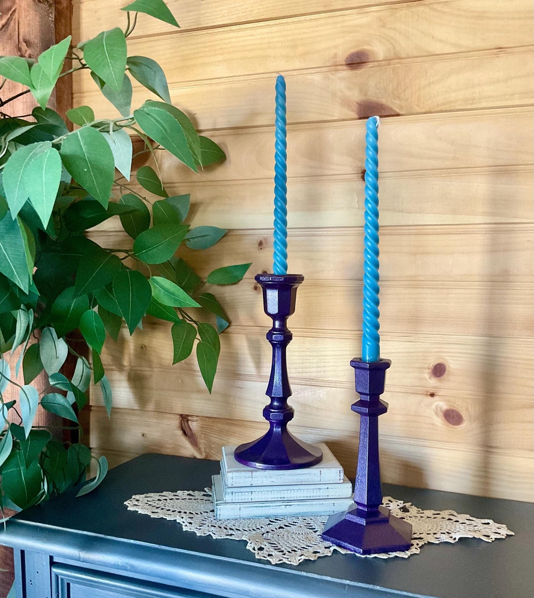 2 Shimmering Purple Painted Glass Candlesticks * Purple Eclectic Taper ...