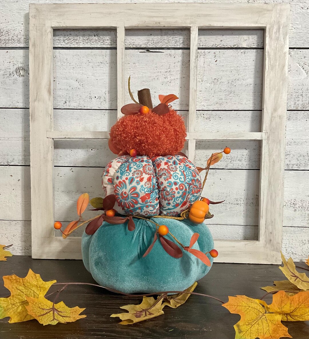 Triple Stacked Fabric Pumpkin Table Top Fall Decor Orange & Turquoise ...