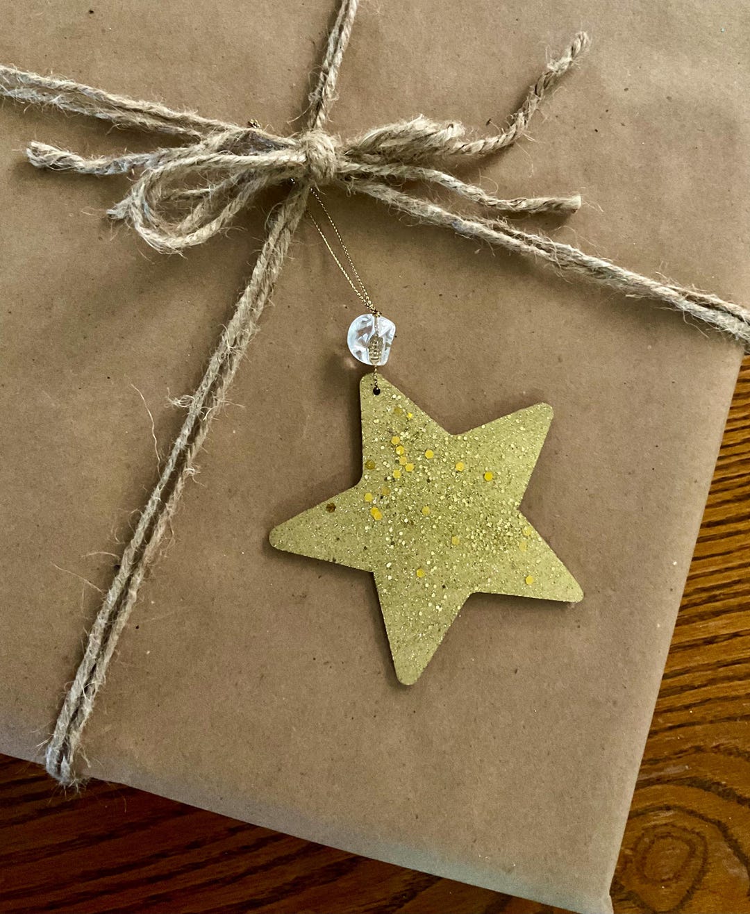 Set of 6 WOOD GOLD STAR Gift Tags or Tree Ornaments, Glittery Gold ...