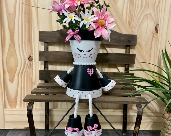 Clay Pot CAT Planter 'IZZY the CAT' With Plant Stake / Medium Black ...