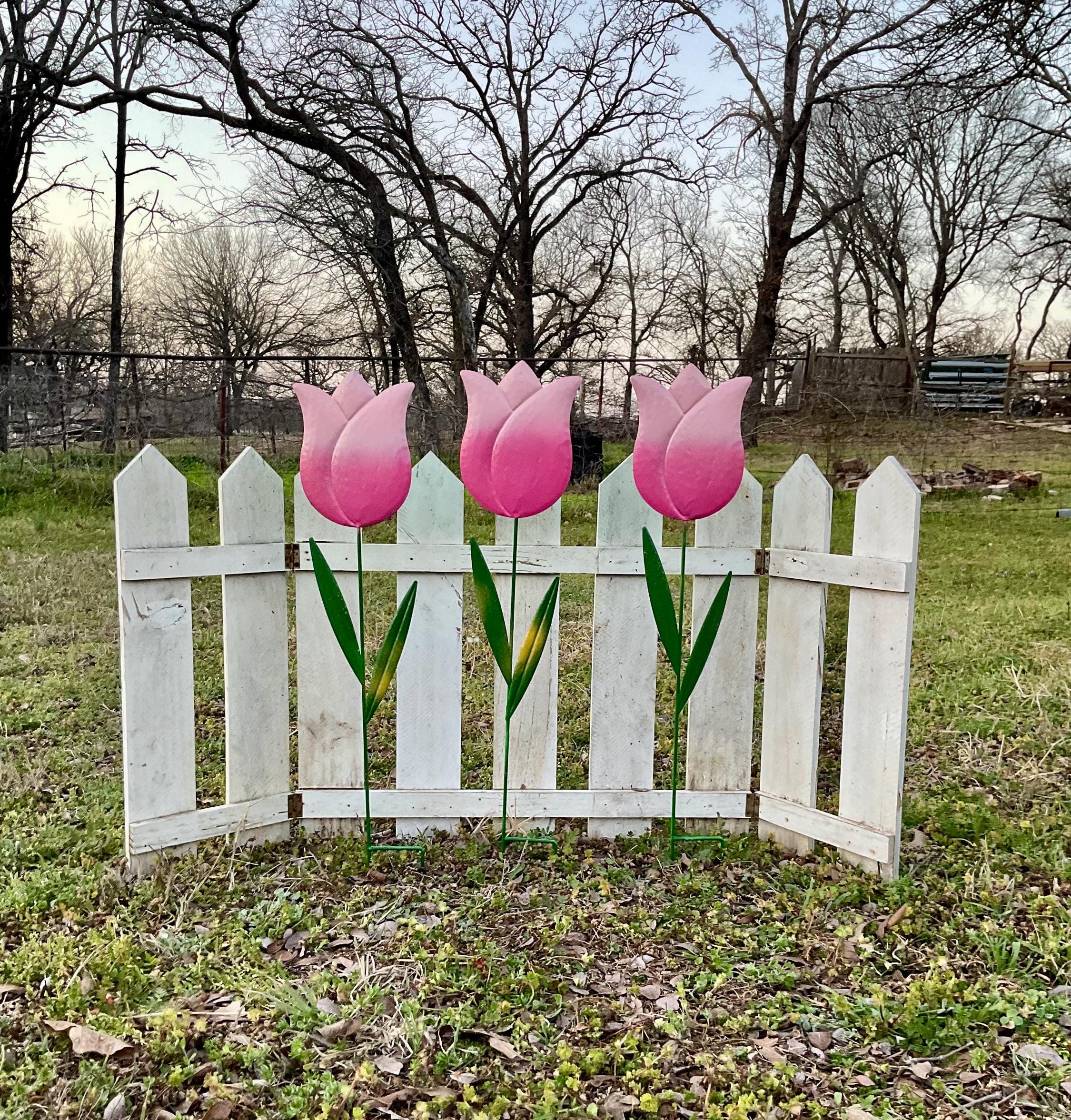 1 Pink Metal Tulip Garden Stake 24” High, Hand Painted Spring Yard Art ...