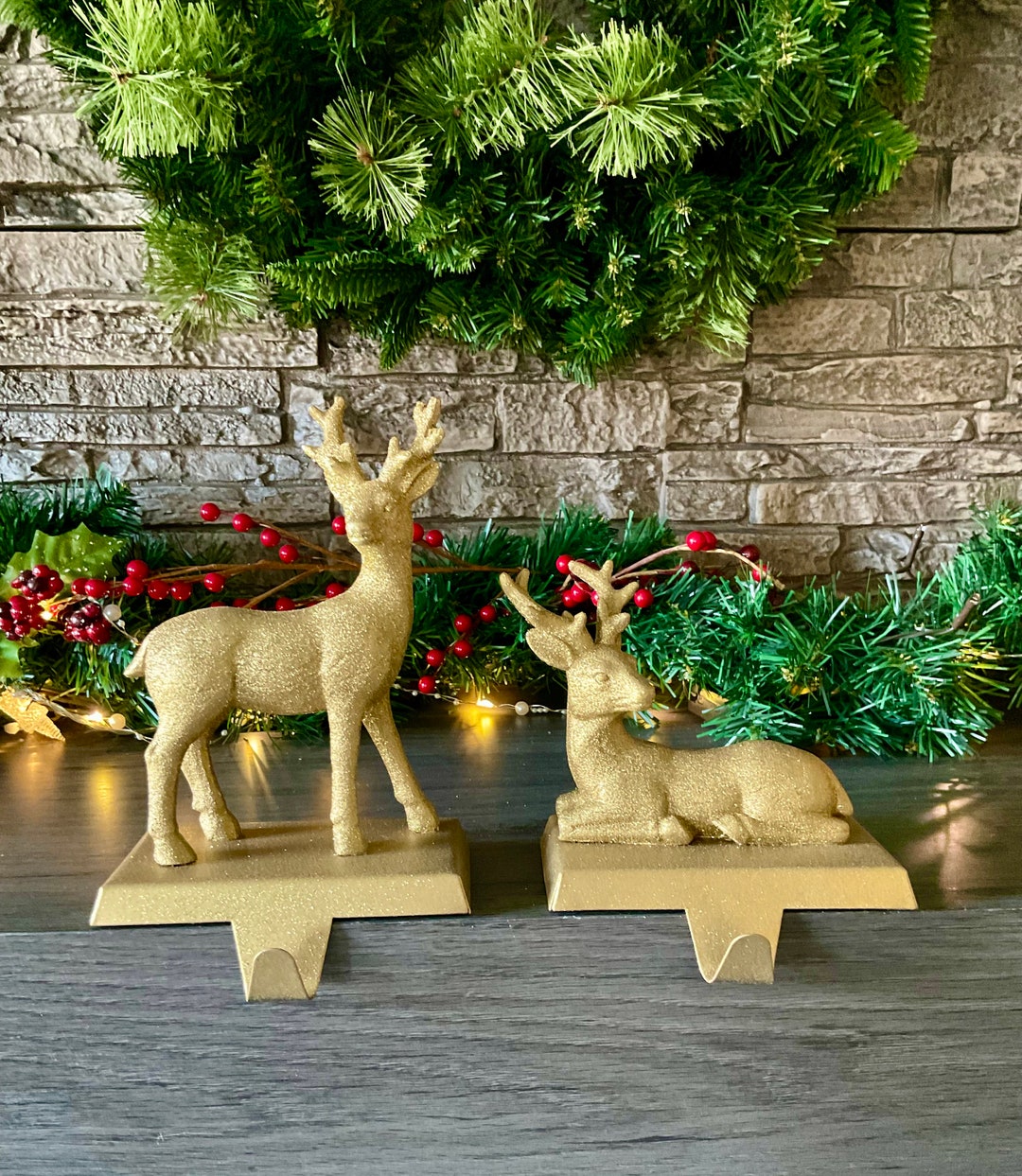 2 Shimmery Gold Buck Stocking Holders, Shimmery Gold Metal Deer ...