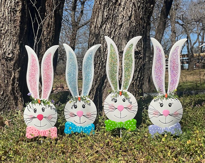 Glittery Easter Bunny Garden Stake: Metal Rabbit With Dotted Bowtie - Etsy