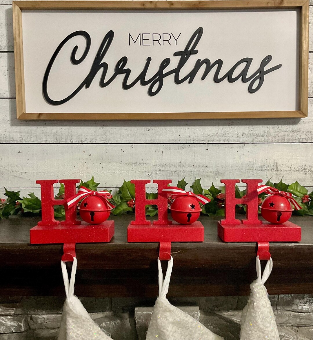 Set of 3 Ho Ho Ho With Bells Stocking Hangers, Shimmery Red Stocking ...