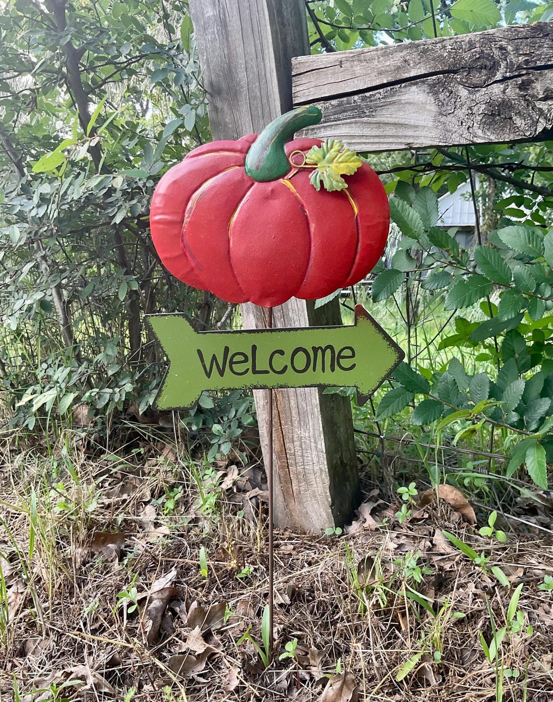 Metal Pumpkin W/welcome Sign Yard Stake 23" X 9" / Orange Pumpkin ...