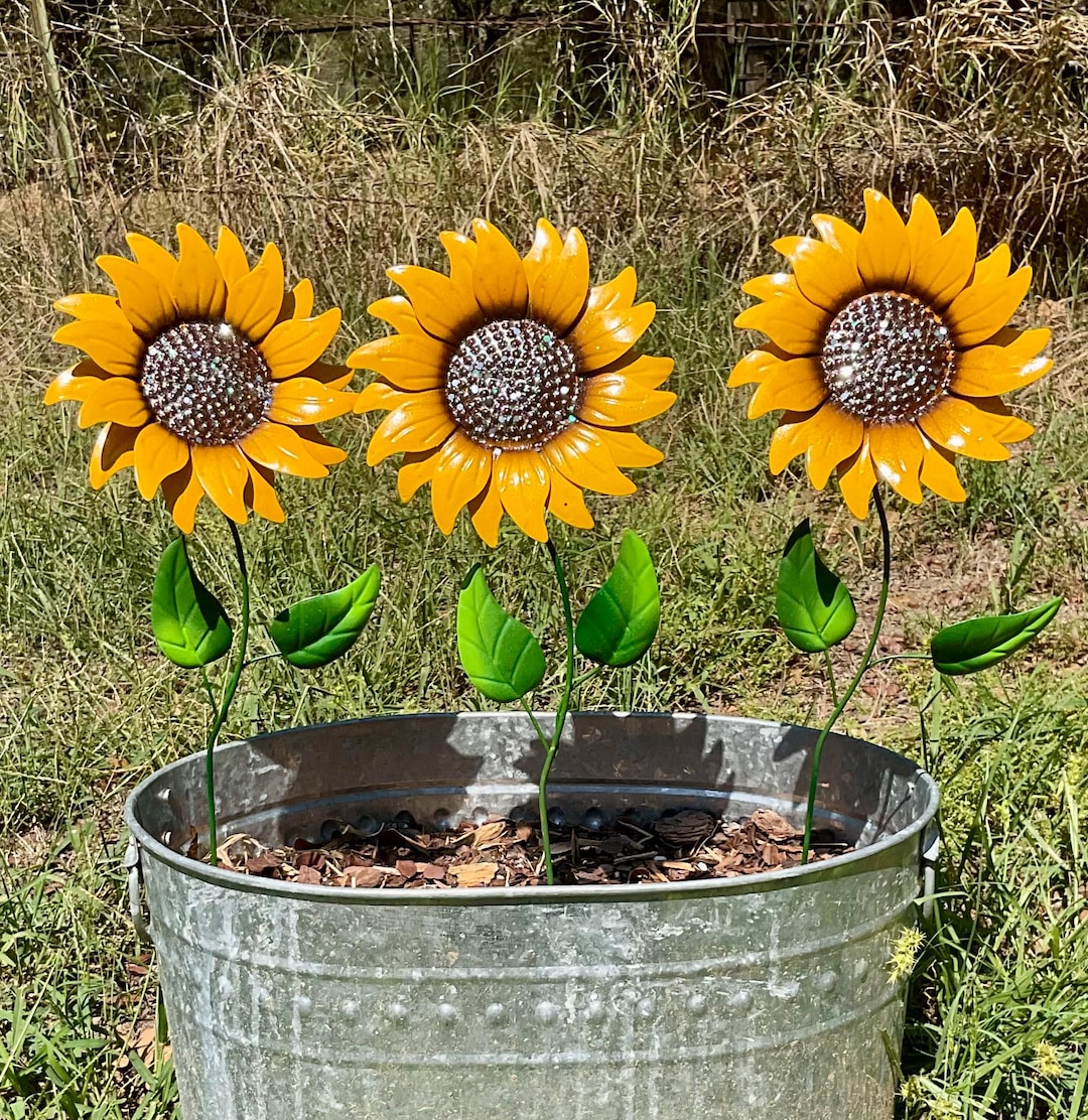 19" Sunflower Garden Stakes (set of 3) 19" X 5" - Hand Painted Yellow ...