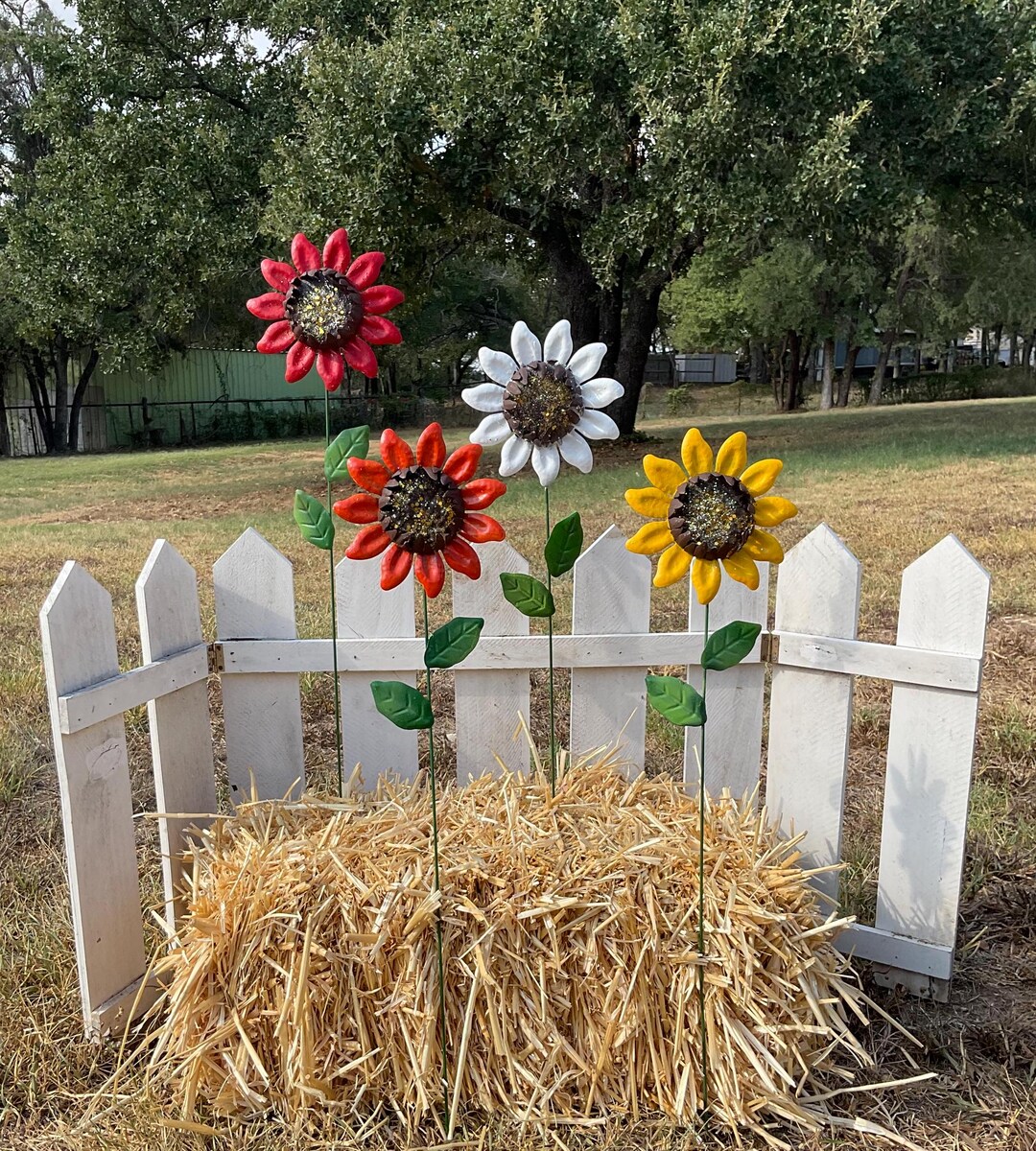Set of 4 FALL SUNFLOWER Garden Stakes 24" High/red Orange White Yellow ...