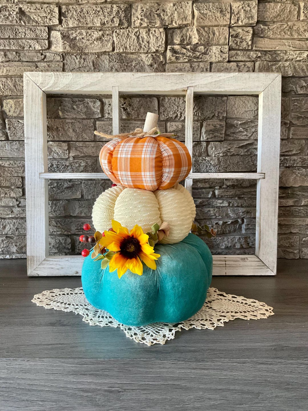 Triple Stacked Fabric Pumpkin Table Top Fall Decor/orange & Turquoise ...