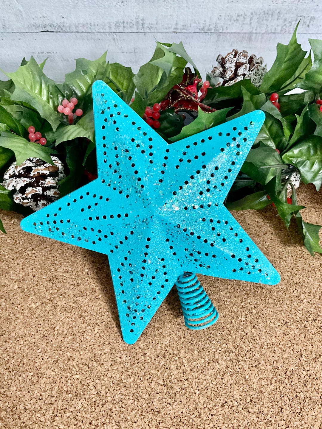 8 Punched Glittery Blue Metal Star Tree Topper, Small or Medium Tree ...