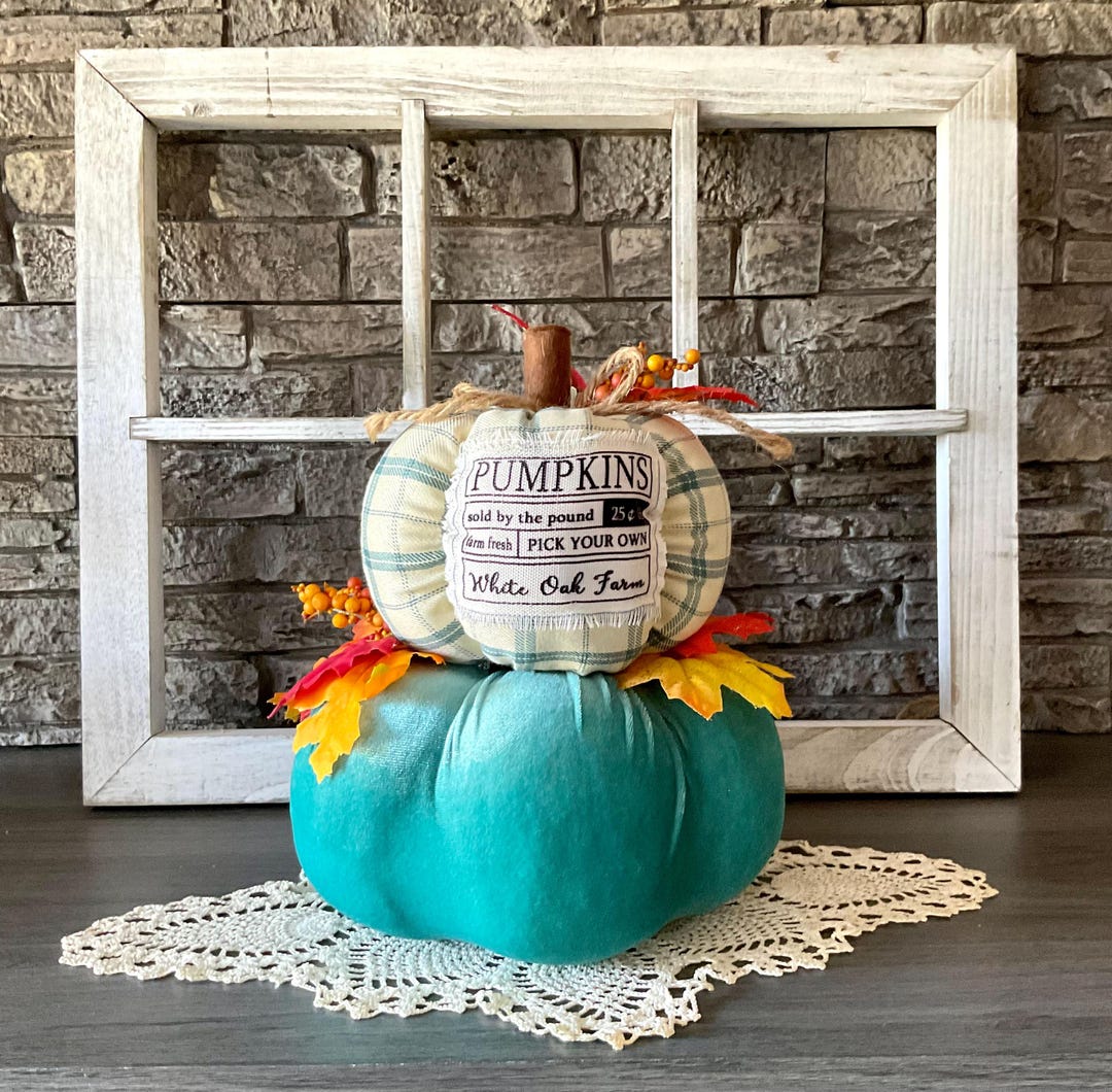 Double Stacked Fabric Pumpkin Table Top Fall Decor - Turquoise Pumpkin ...