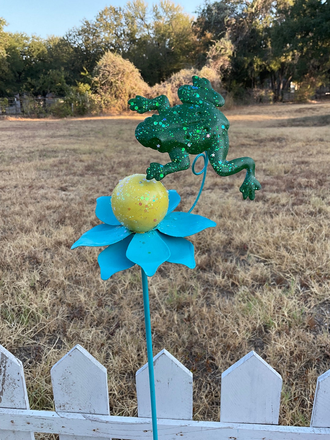 Frog on a Flower Garden Stake 32"- Hand Painted Metal Flower & Frog ...
