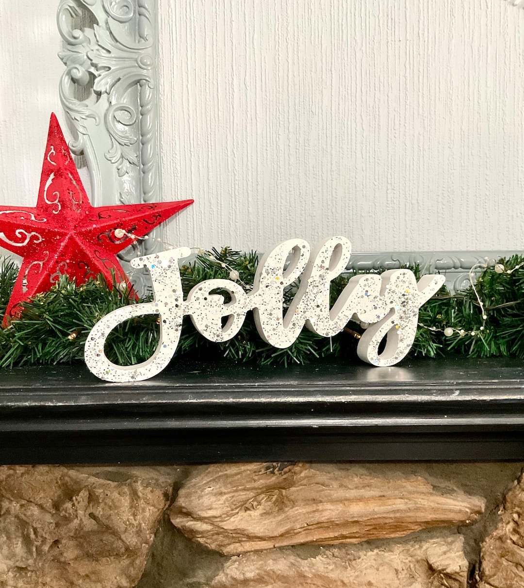 Glittery JOLLY Wooden Sign 12" Long Shelf Sitter Word Runner Christmas ...