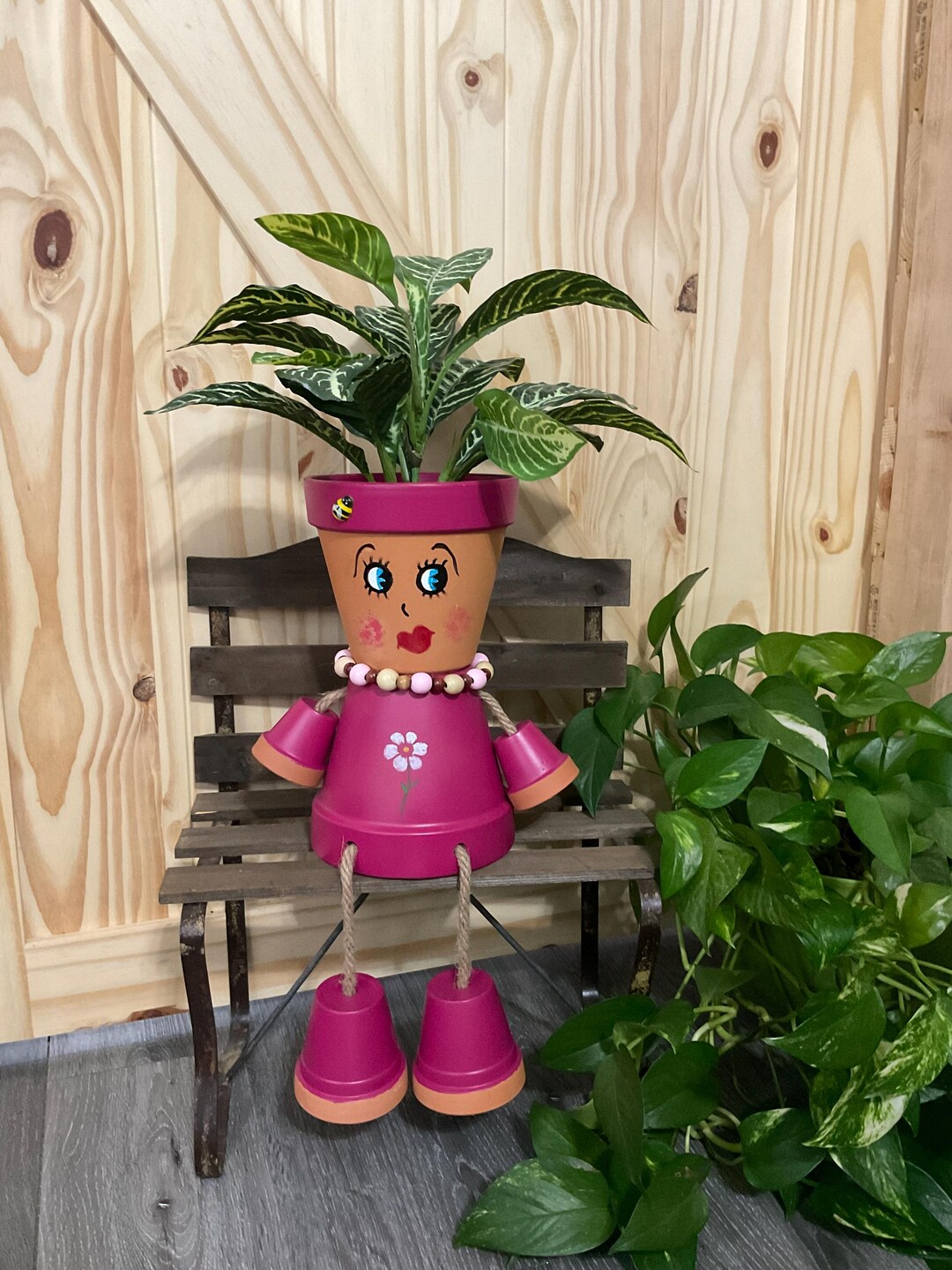 ROSEMARY POTTER the Clay Pot People Planter/ Large Magenta Pink Whimsy ...
