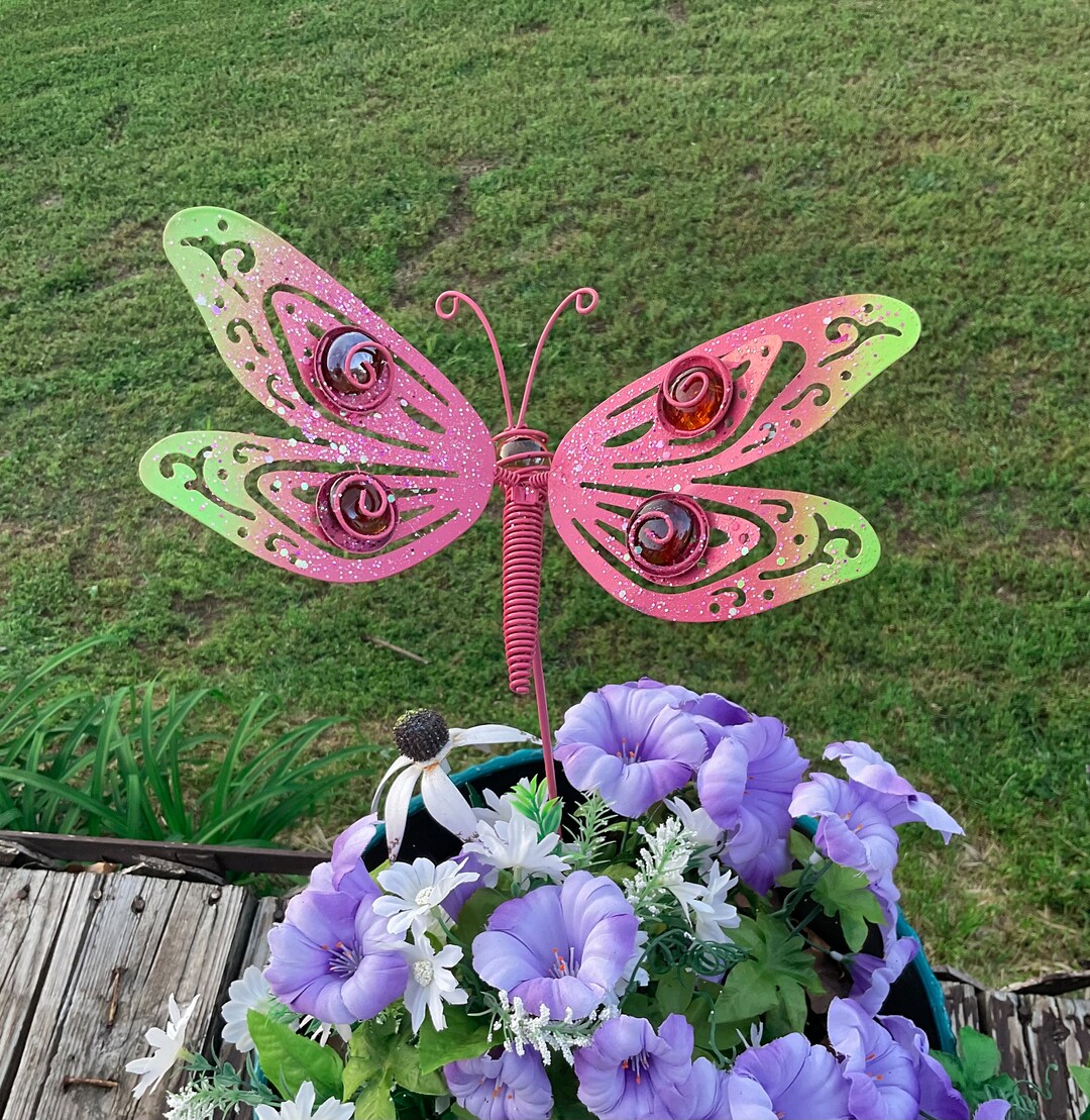 Fluttering Pink/lime Dragonfly Flower Pot Stake-spring-wing Dragonfly ...