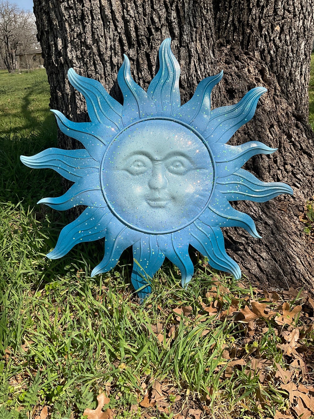 25" Glittery Blue Sun Face / Blue Metal Garden Art Decor / Celestial ...