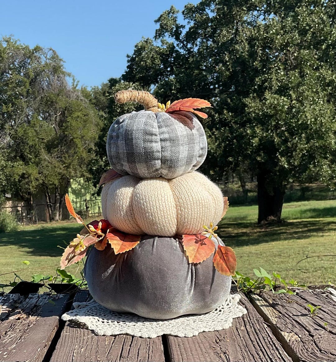 Triple Stacked Gray Fabric Pumpkin Table Top Fall Decor/farmhouse ...