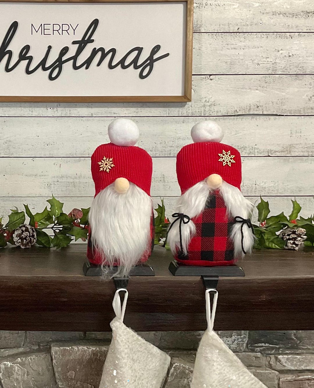 1 Buffalo Check Gnome Wearing a Beanie Stocking Holder / 'cedar' or ...