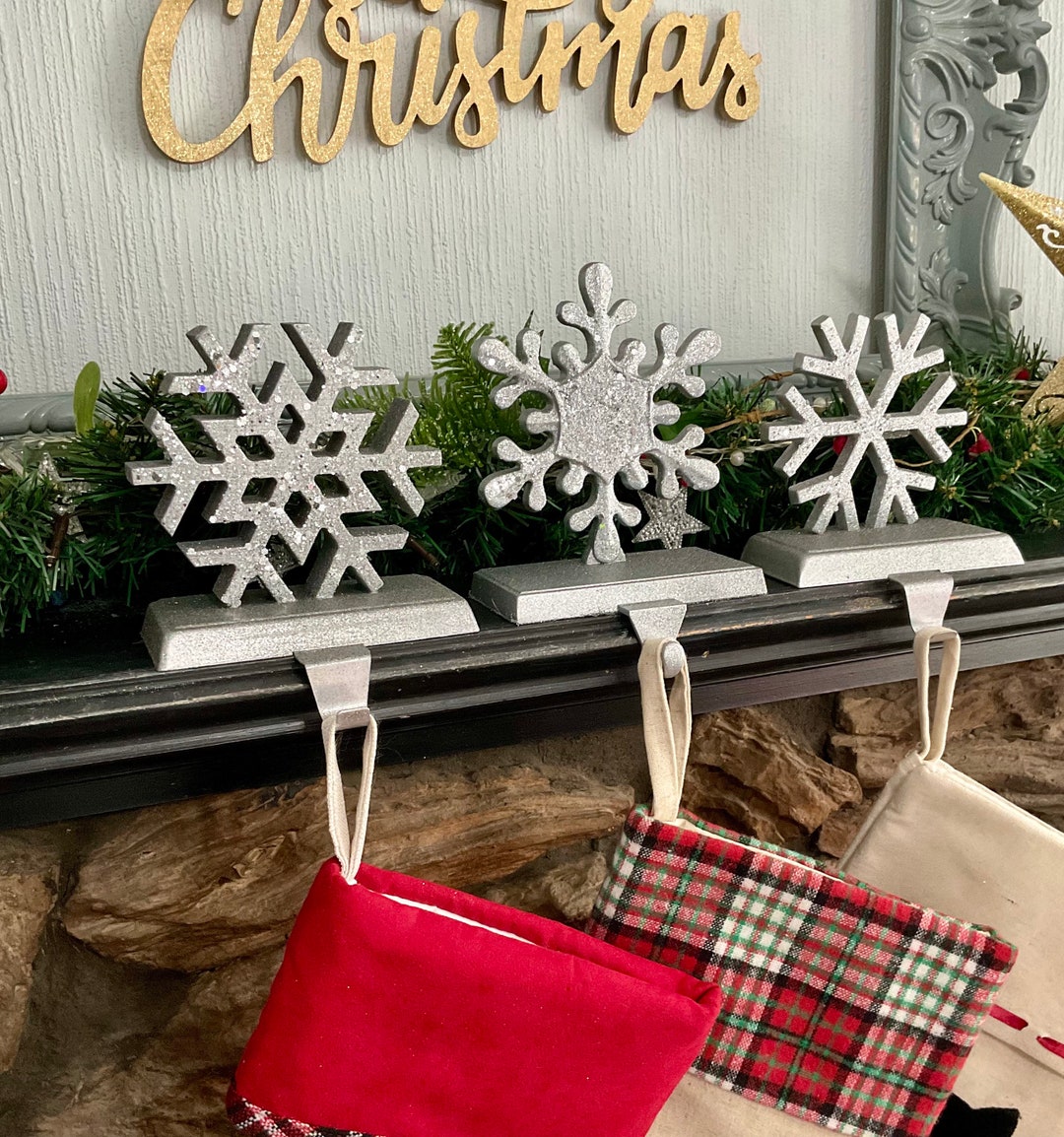 3 Silver Snowflake Stocking Holders, Glistening & Glittery Stocking ...