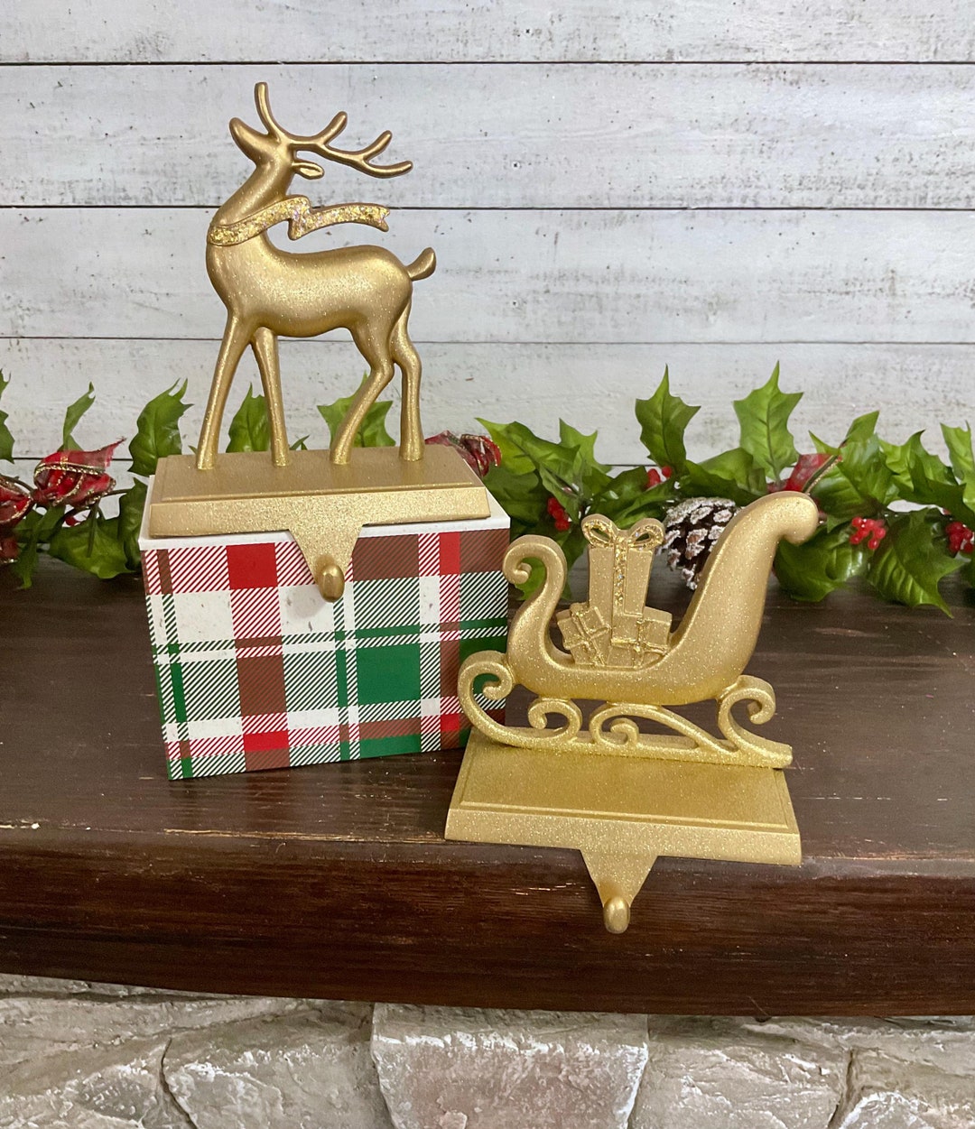 A Reindeer & Sleigh Set of 2 Gold Stocking Holders, Shimmery Gold ...