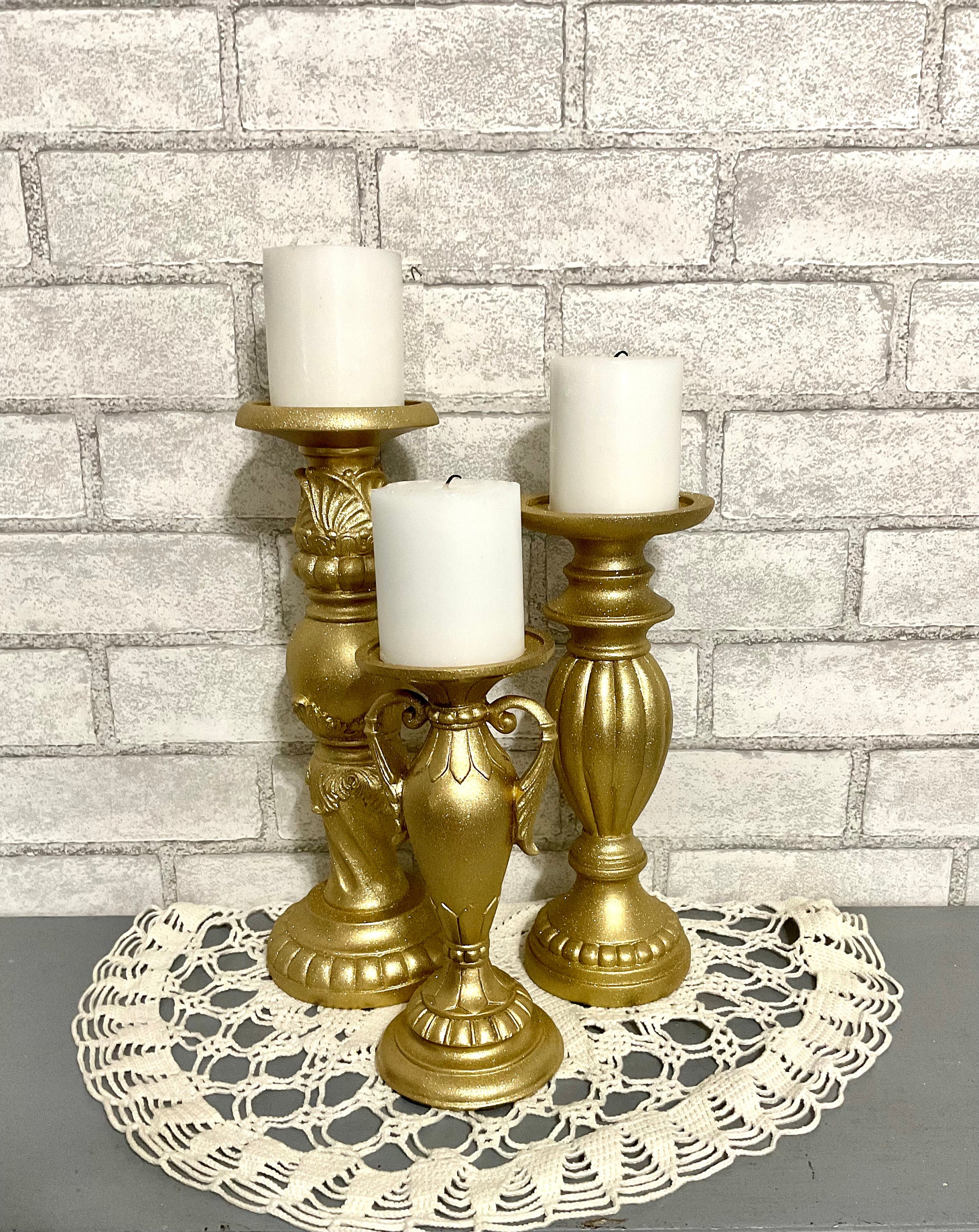Glistening Gold Pillar Candle Holders Set of 3 Baroque Ornate Raised Detailing French Inspired Table Top Decor Home Living Etsy