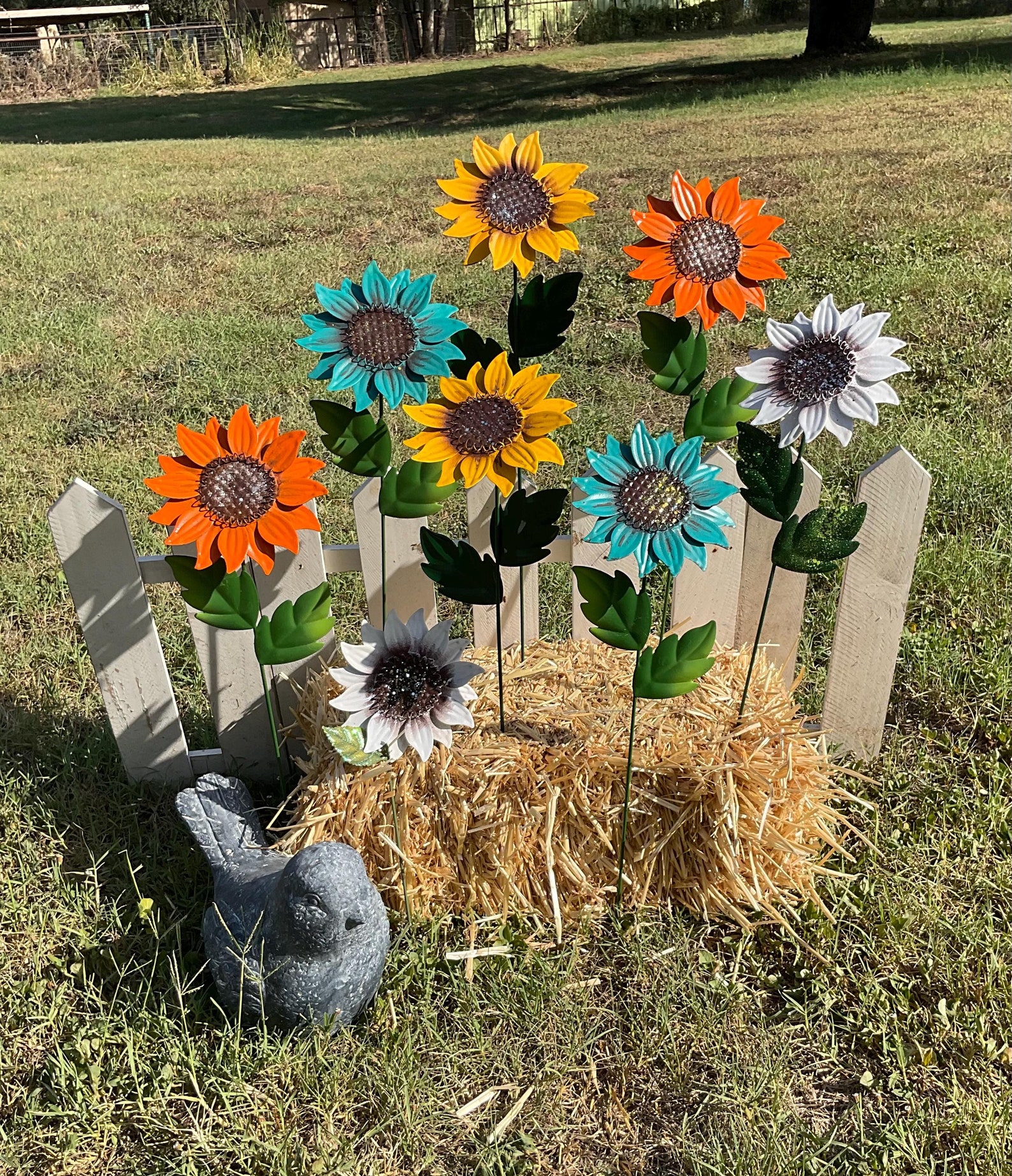 Colorful SUNFLOWER SMILES Garden Stake 25" X 6"/hand Painted Teal White ...