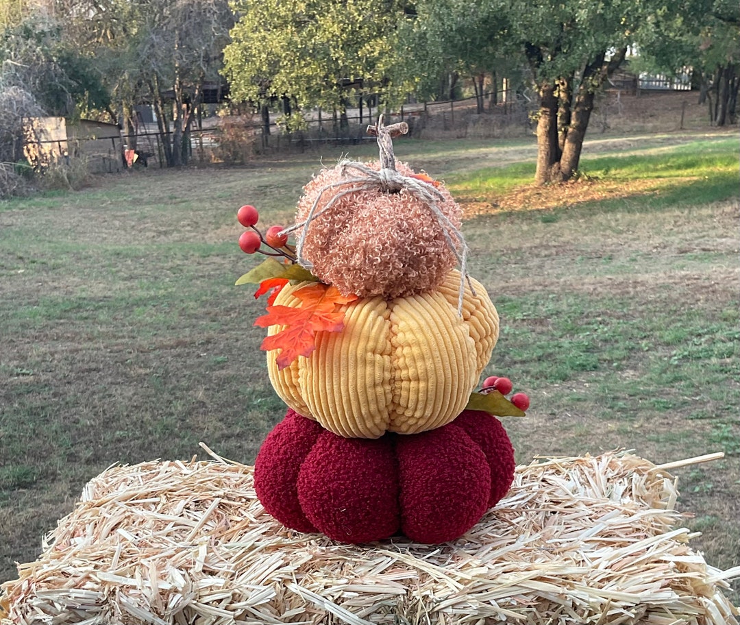 Triple Stacked Fabric Pumpkin Table Top Indoor Fall Decor 12" High ...