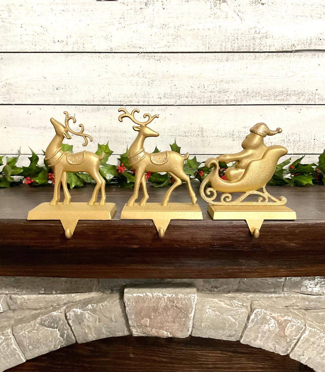 Shimmery Gold Santa in a Sleigh W/2 Reindeer Set of 3 Gold Stocking ...