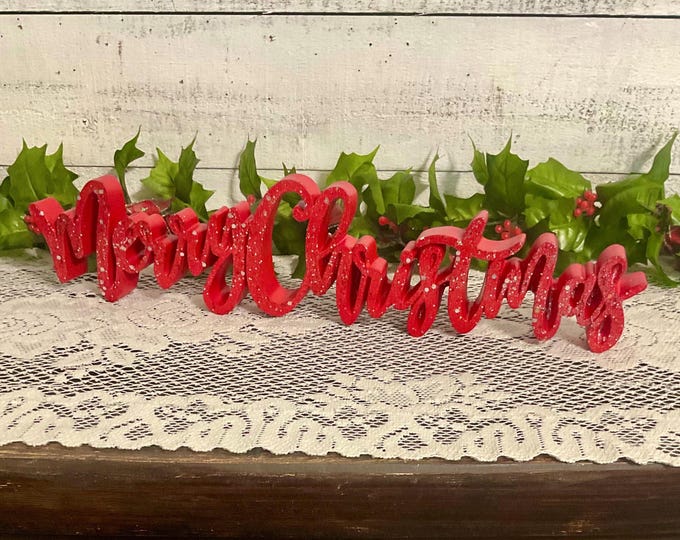 Glittery Red MERRY CHRISTMAS Word Runner Shelf Sitter Sign 16.5" Long ...