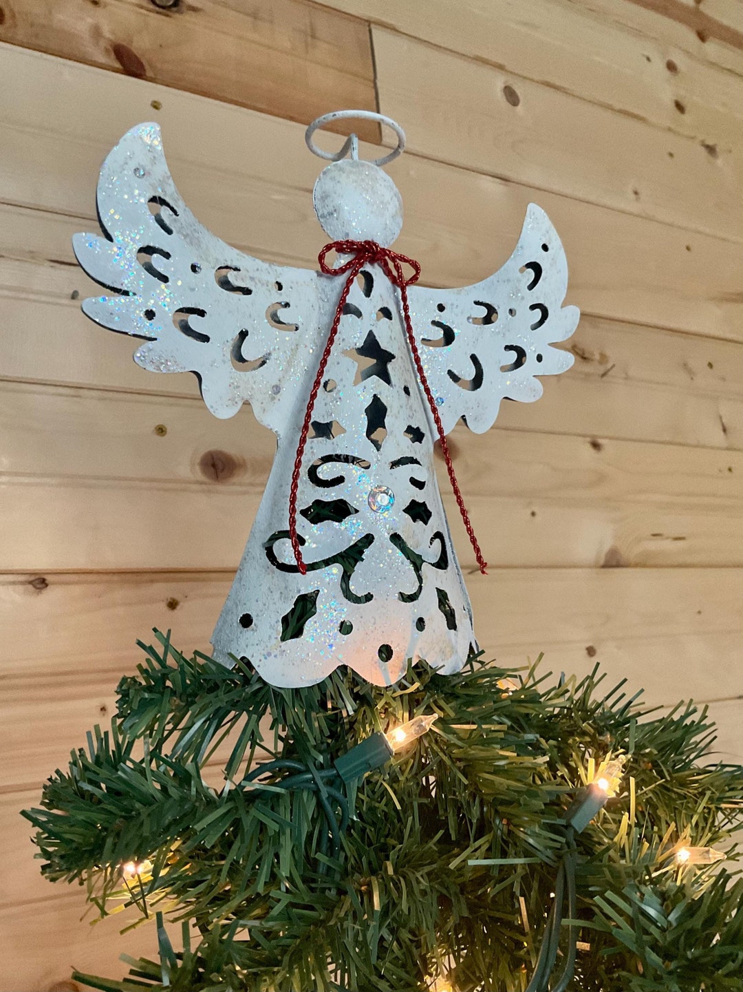 White Filigree Angel Tree Topper 7.5 Tall, Glistening White Metal Angel ...