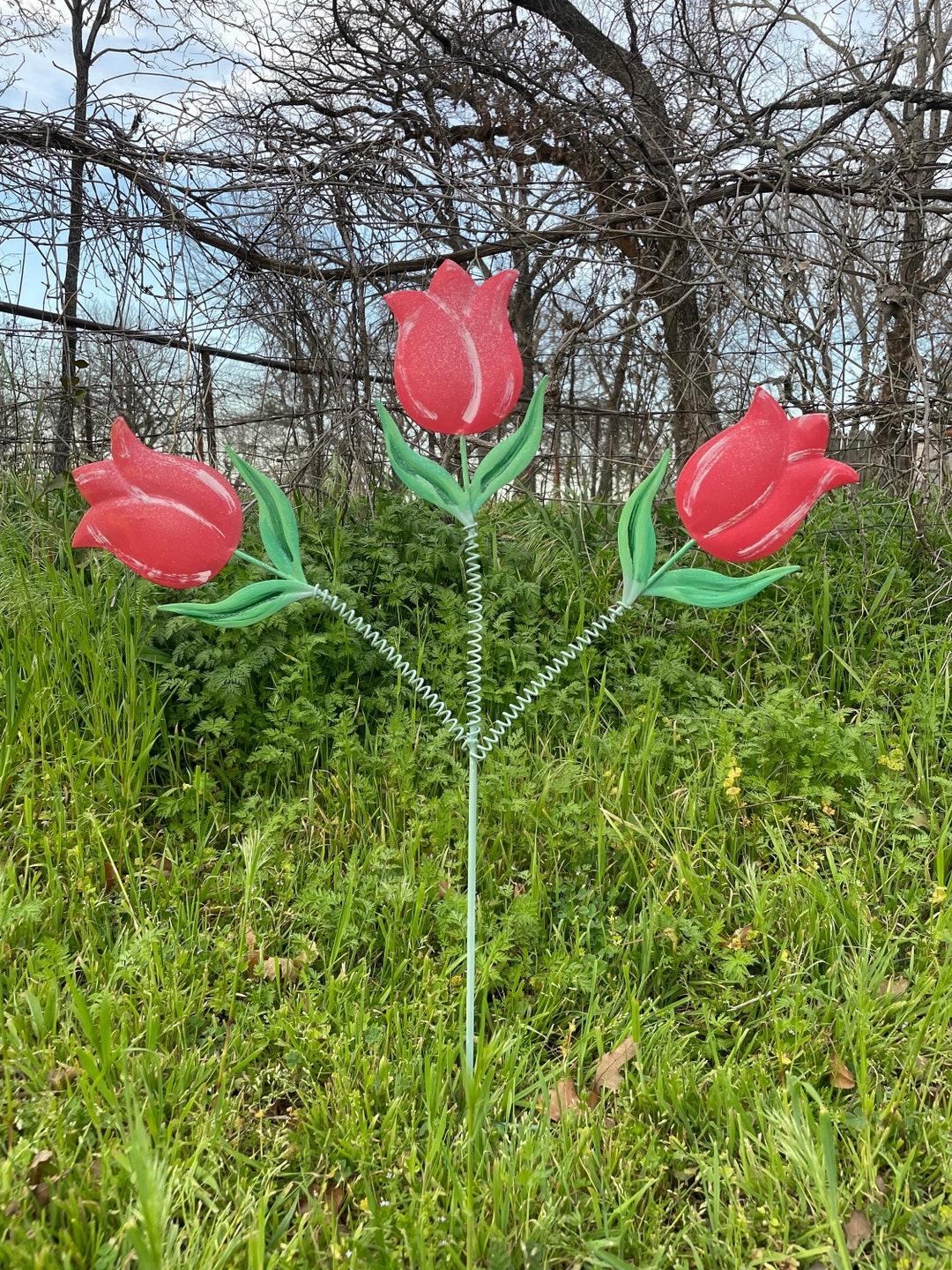 Triple Swaying TULIPS 30" Tall/metal TULIPS on Springs/ Hand Painted ...