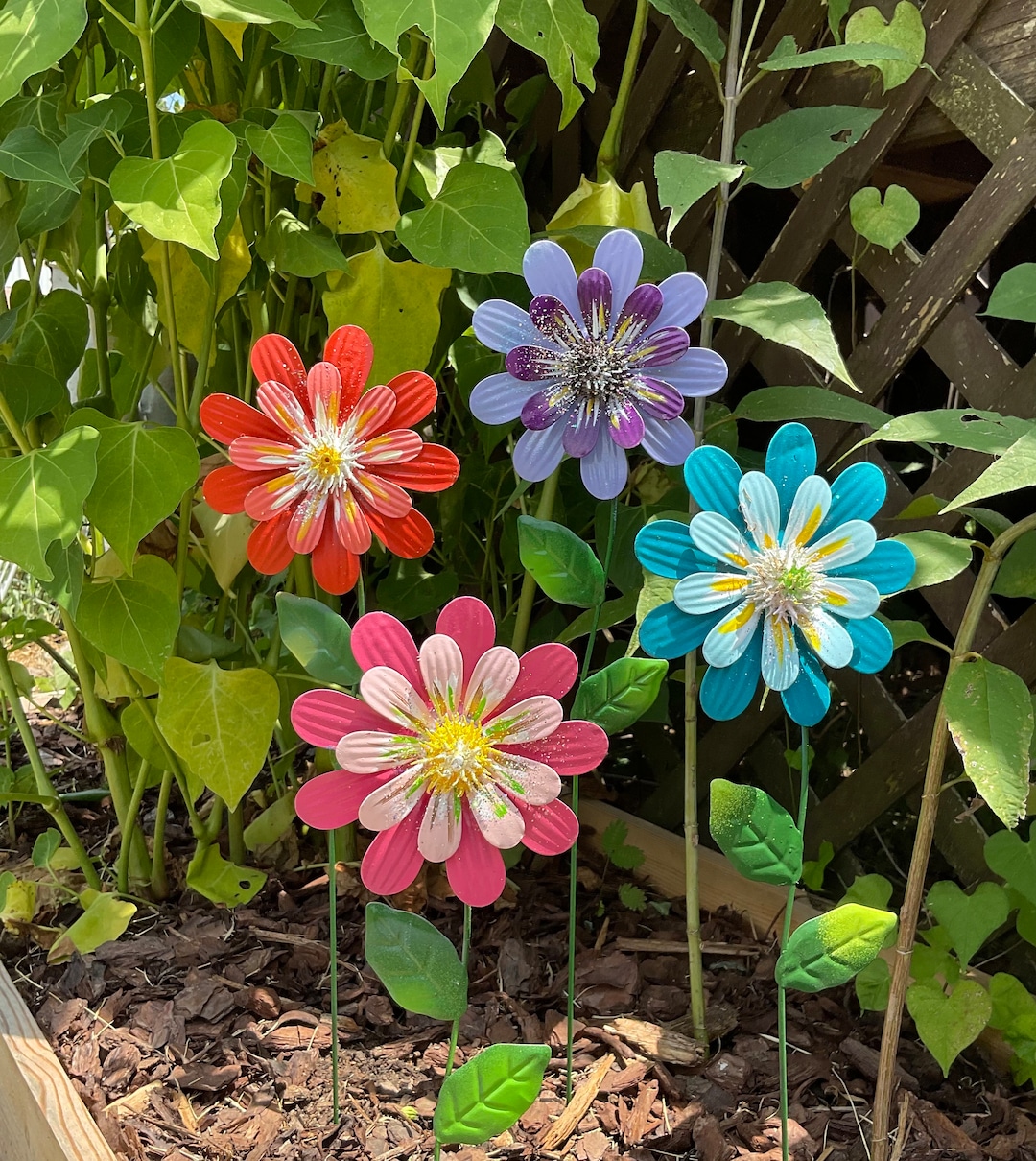 21" Cheerful SUMMER BLOOMS Flower Stake/hand Painted Blue Pink Purple ...