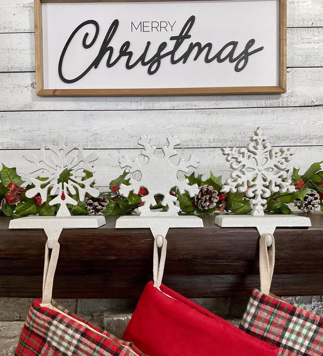 3 Mixed Snowflake Stocking Hangers, White W/silver Shimmer Mantel ...