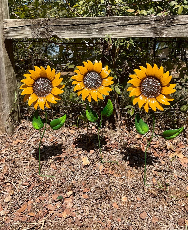 19" Sunflower Garden Stakes (set of 3) 19" X 5" - Hand Painted Yellow ...