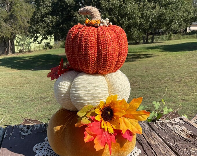Triple Stacked Fabric Pumpkin Table Top Fall Decor/orange & Cream ...