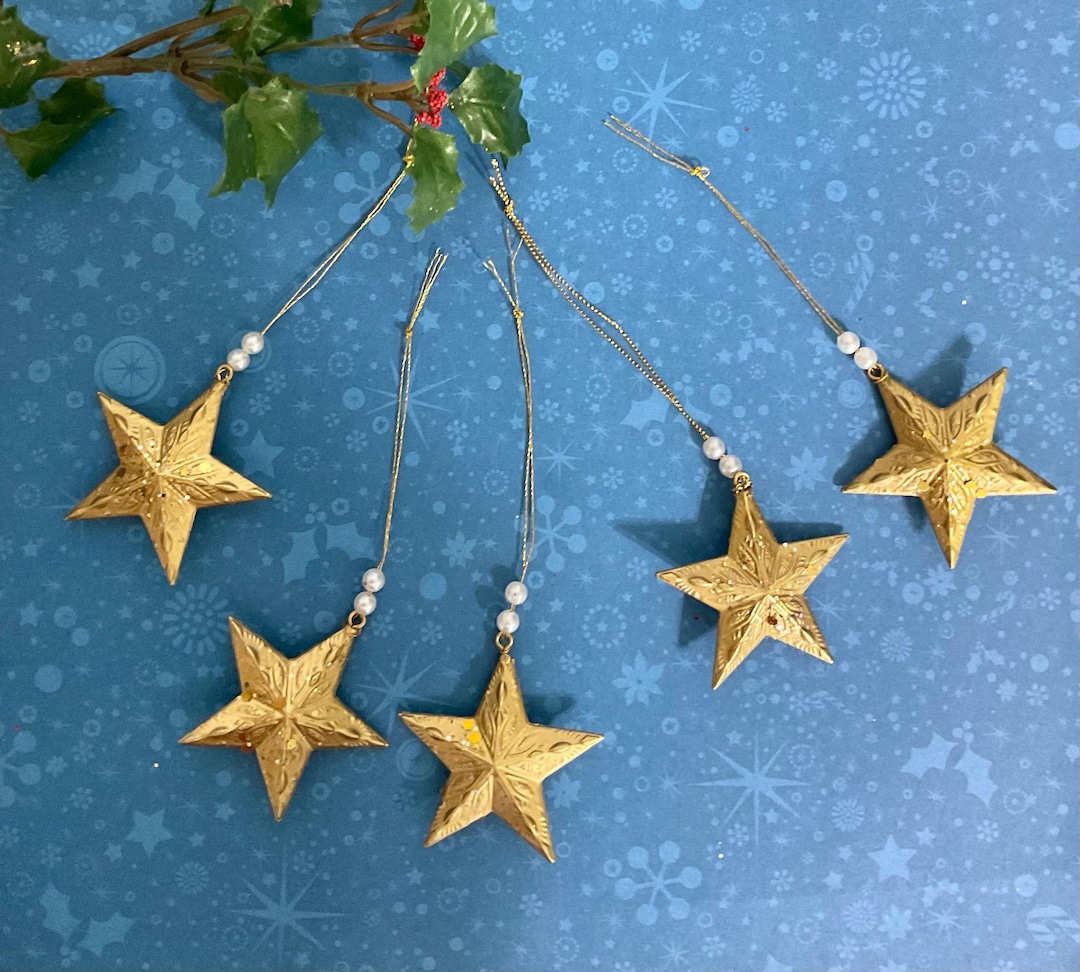 Set of 5 Gold Star Gift Tags or Tree Ornaments, Glittery Hanging Metal ...