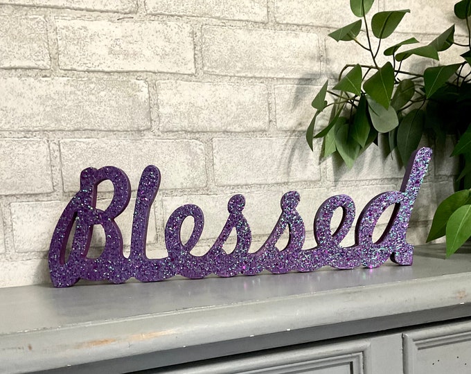 BLESSED Purple Wooden Word Runner Sign 15" Long Shelf Sitter, Glittery ...