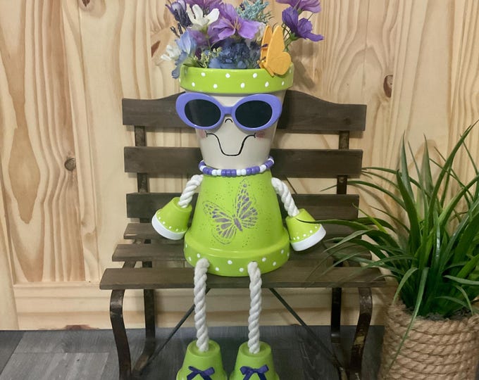 Clay Pot People Planter 'PANSY POTTER' / Large Lime Green Whimsy Terra ...