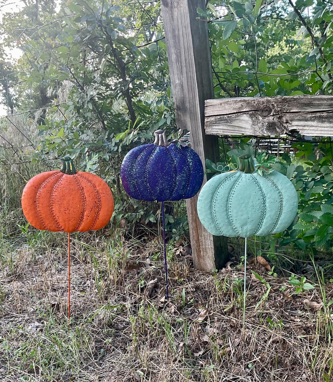 Set of 3 Glittery Pumpkin Garden Stakes 24