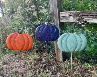 1 Glittery Metal Pumpkin Stake 24" X 9" Blue Orange Yellow Pumpkin ...