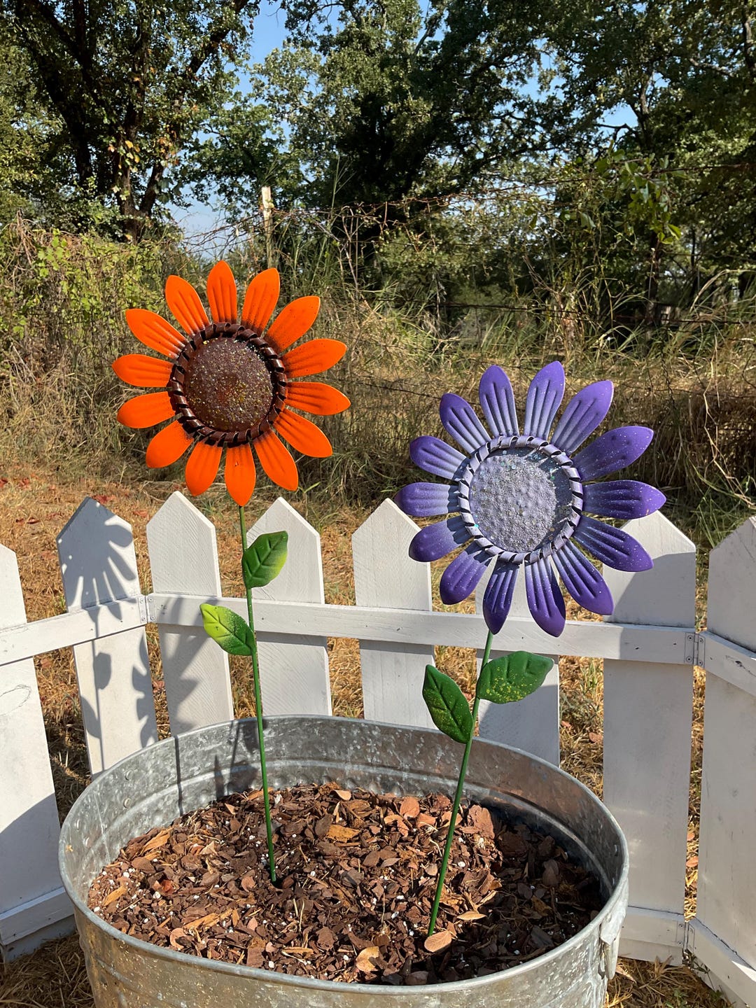 1 Glittery Sunflower Garden Stakes 24" Tall, Orange & Purple Flowers ...