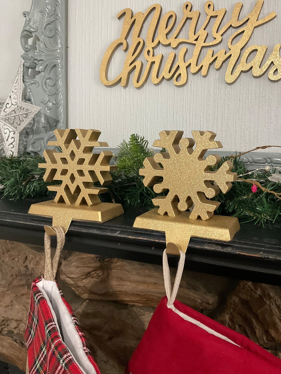 Gold Glitter Snowflake Stocking Holders - Set of 2 Christmas Mantel ...