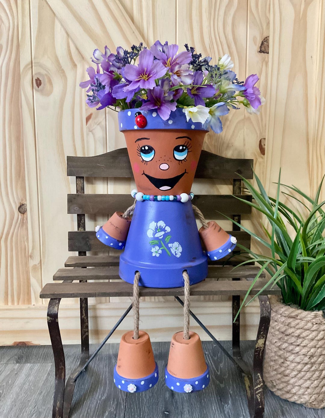 Clay Pot People Planter 'IRIS POTTER' / Large Purple Whimsy Flower Pot ...