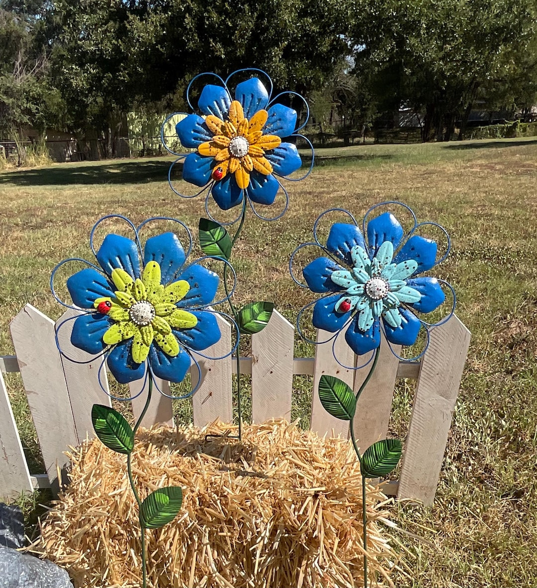 Set of Three 28" T Blue Metal Flower Yard Stakes - Blue Garden Stake ...