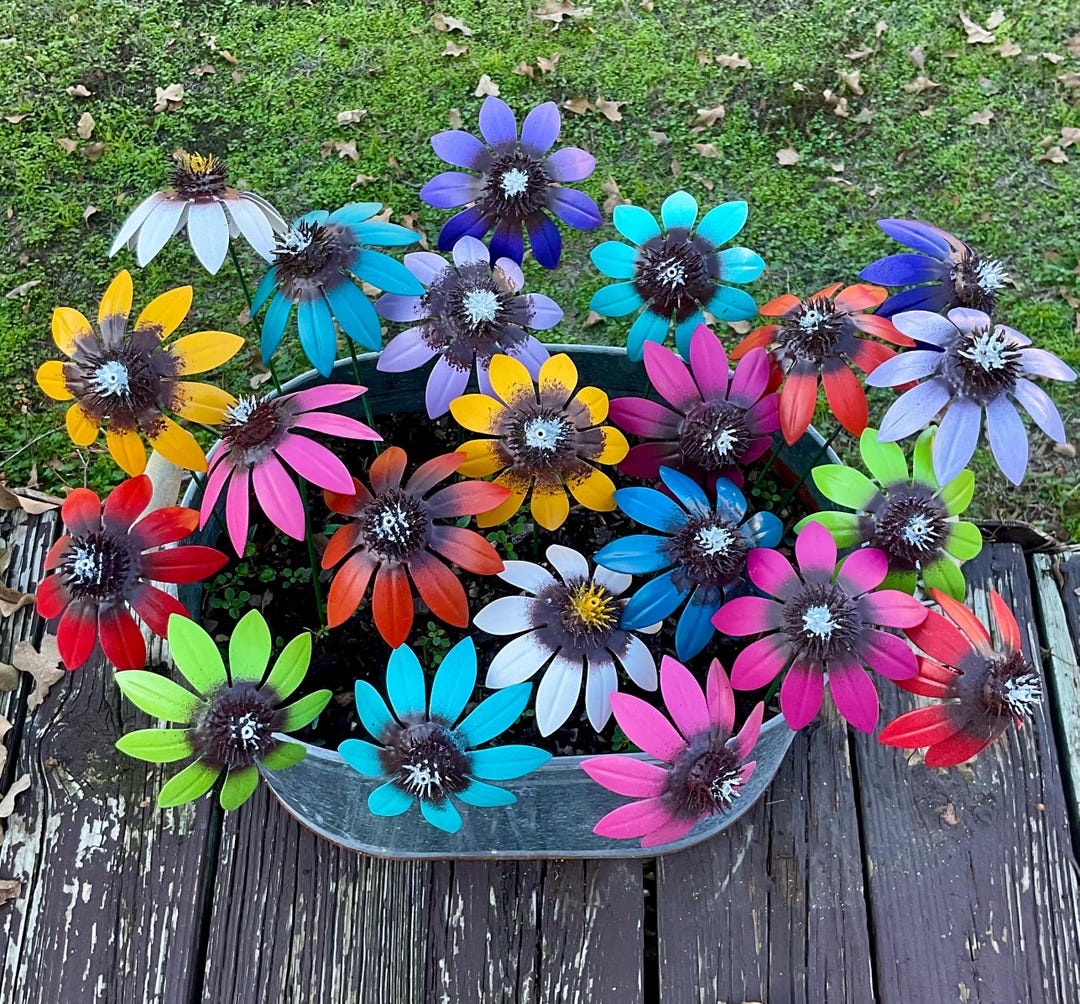 ONE 13" CONEFLOWER Assorted Colors Flower Pot Stake/blue Orange Red ...