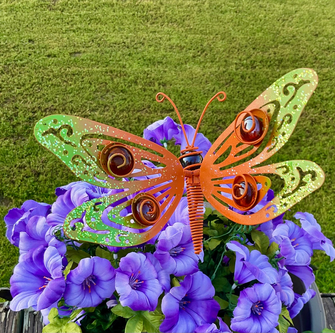 Fluttering Orange/lime Dragonfly Flower Pot Stake-spring-wing Dragonfly ...
