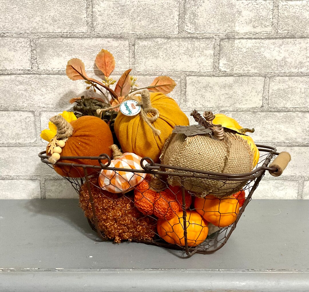 Chicken Wire Basket of Pumpkins Table Top Fall Decor Farmhouse Dining ...